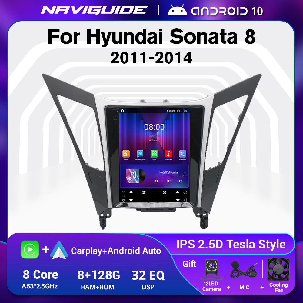 NAVIGUIDE 안드로이드 10.0 수직 테슬라 스크린 자동차 라디오, 현대 소나타 8 YF 2011 2014 GPS 네비게이션 멀티미디어 플레이어, 9.7 인치 ...