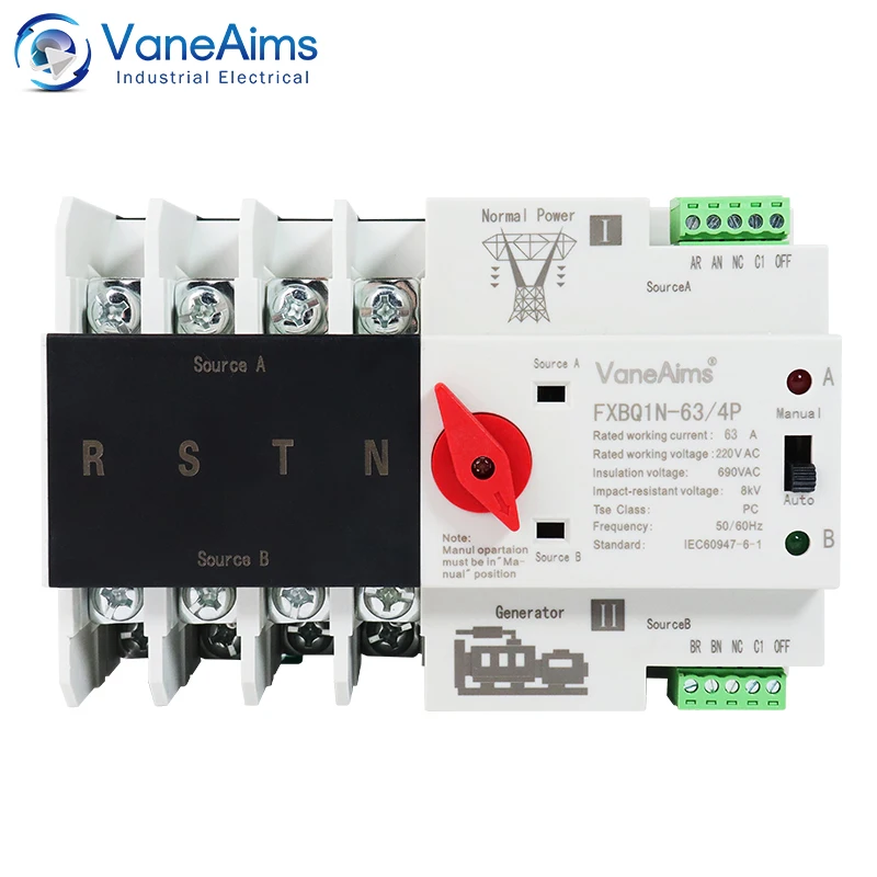 ATS Automatic Transfer Switch 4P Din Rail Dual Power Supply Selector ...