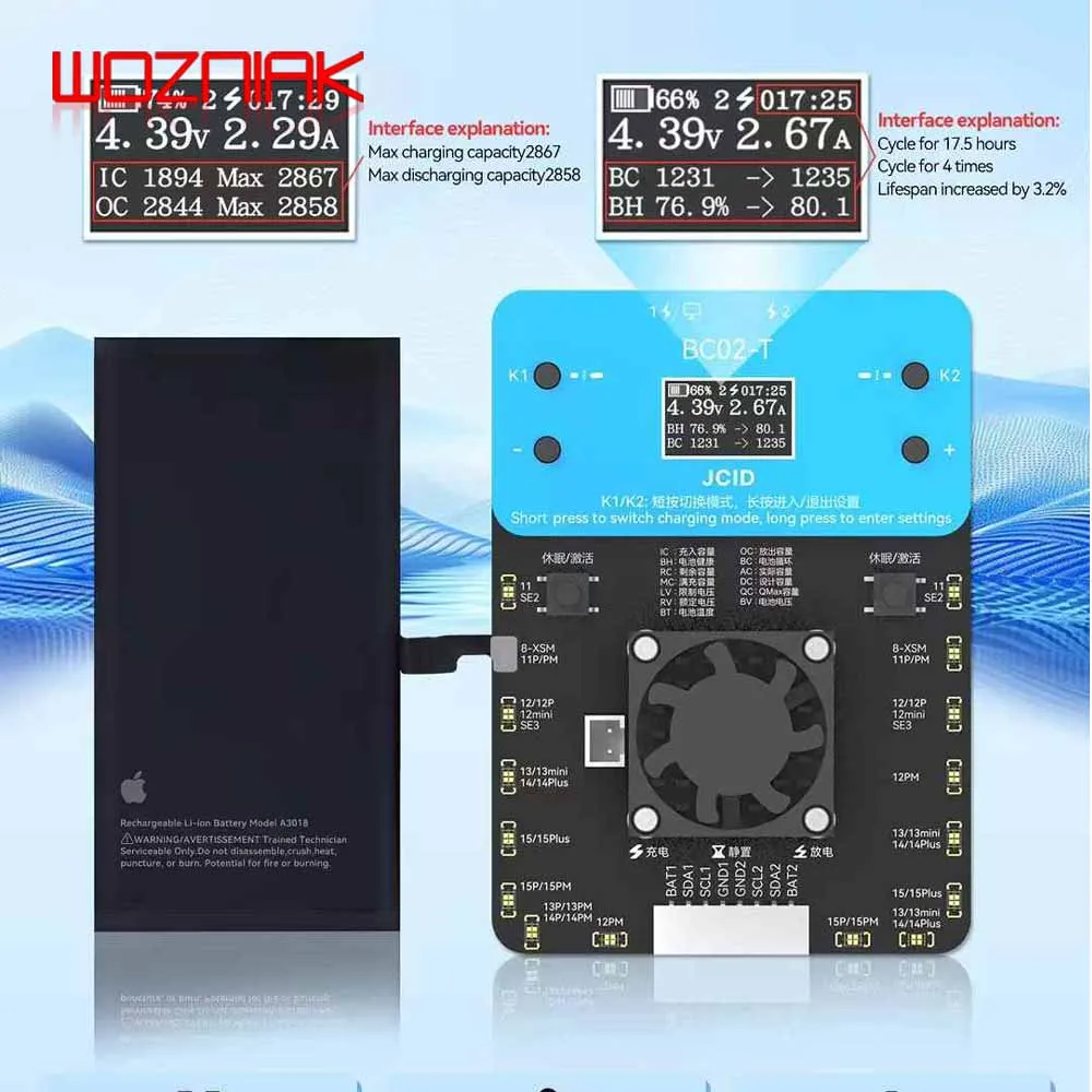 JCID BC02-T Battery Cycle Tester for IPHONE 8-15PM iPhone Battery ...