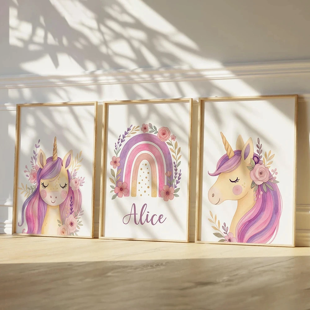Custom Name Purple Unicorn Nursery Prints-Rainbow Unicorn Wall Art ...