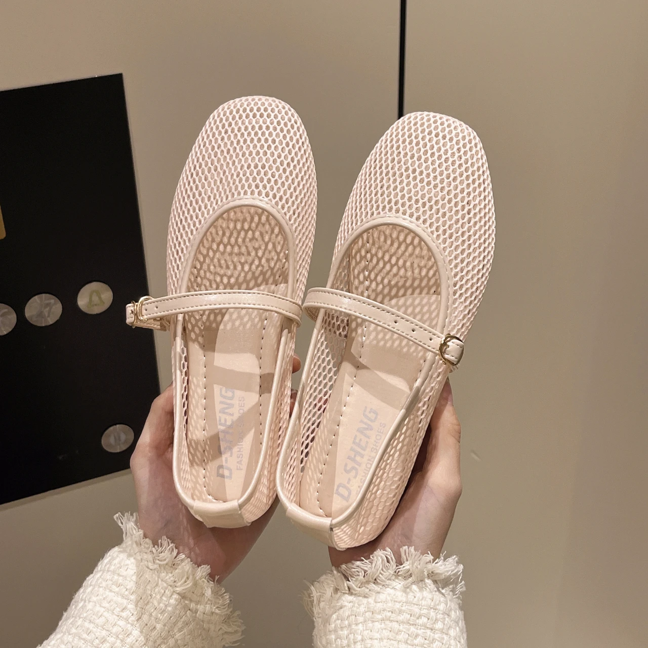 Women Mesh Ballet Flats Fishnet Ballerina Flats Buckle Strap Slip On ...