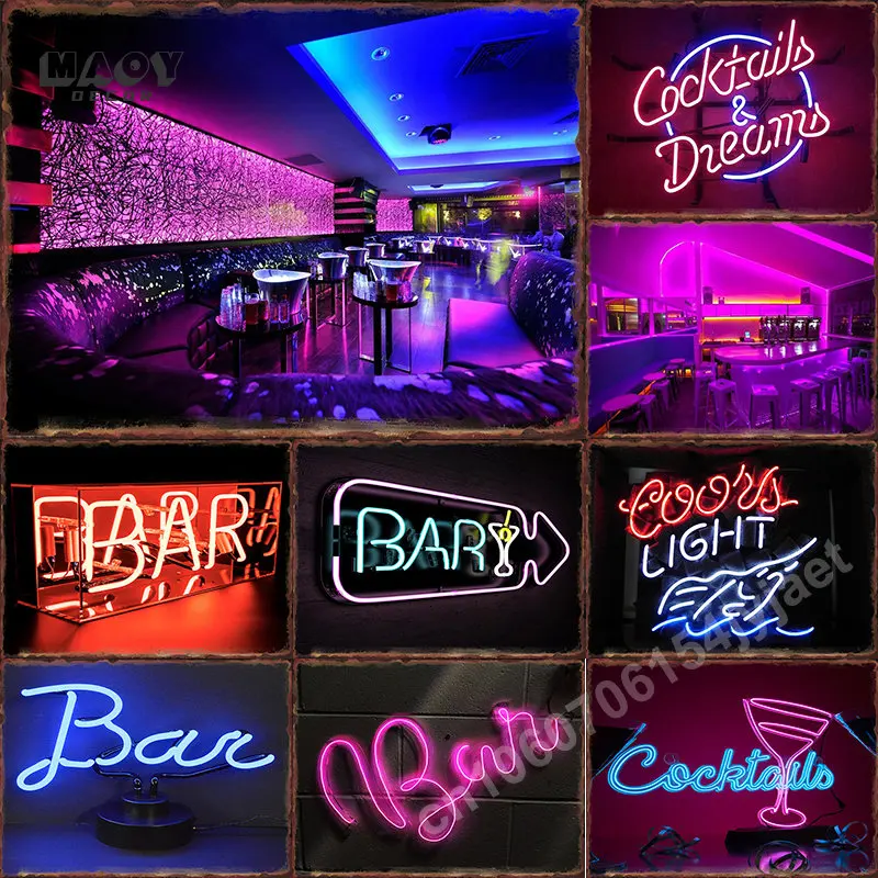 Bar Neon Lights Poster Vintage Tin Metal Sign Classic Poster Home Decor ...