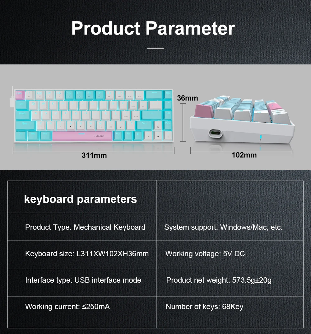 E-YOOSO Z686 USB Mini slim Mechanical Gaming Wired Keyboard Red Switch ...