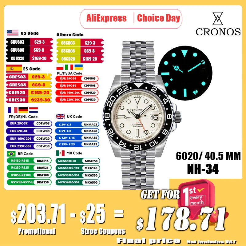 Cronos-GMT-Automatic-Man-Watch-Bidirectional-Bezel-Sapphire-20-ATM-NH34 ...