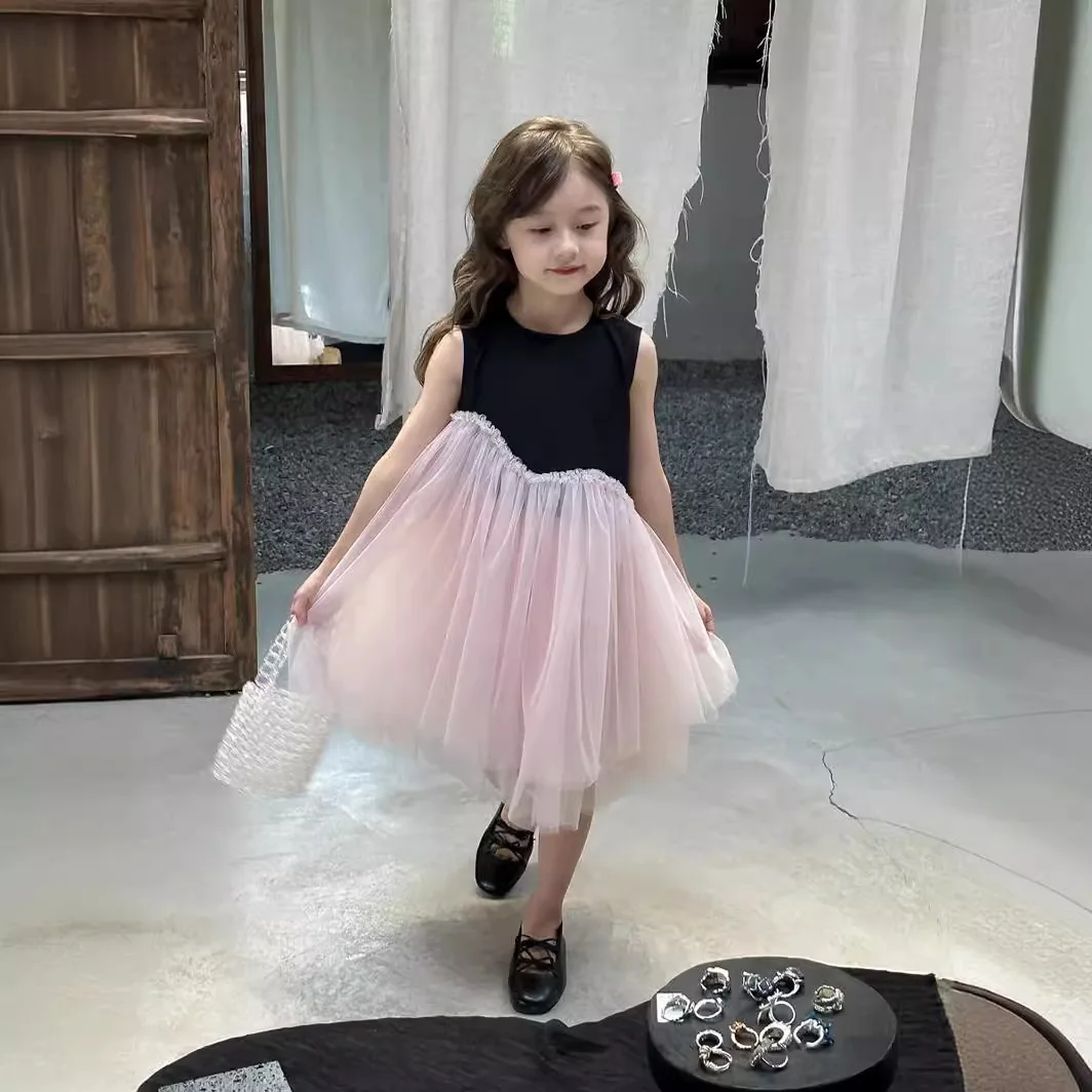 Girls-Irregular-Pink-Mesh-Splicing-Dresses-Kids-Clothes-2024-Summer-New ...