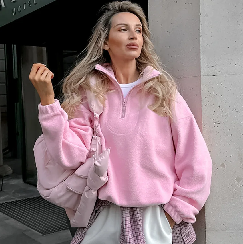 Women Pink Zipped Fleece Casual Lapel Hoodie Coat Loose Long-sleeve ...
