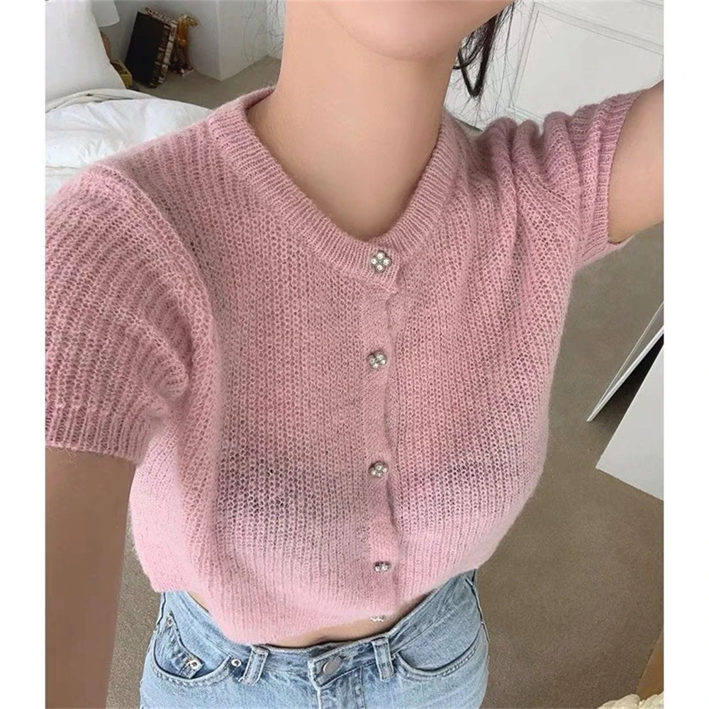 Sarebon 2022 Summer French Sweet Style Knit T-shirt Pink Cardigan Top ...