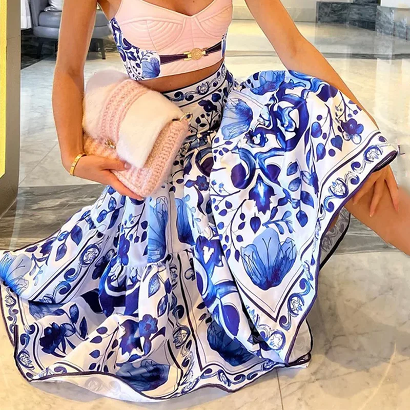 New Matching Sets Women Fashion Printed Short Top Maxi Skirts 2PCS ...