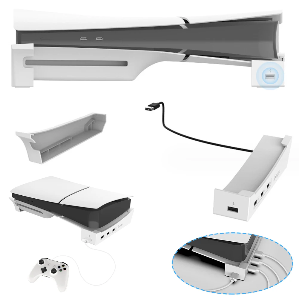 Soporte Horizontal para PS5 Slim con Hub Host, soporte de almacenamiento con 4 puertos USB 2,0 ...
