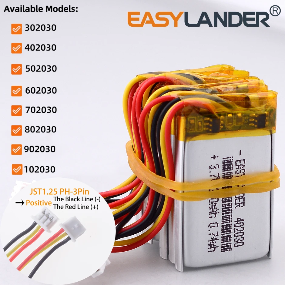 JST 1.25mm 3pin 402030 3.7V 200mAh Lithium Polymer LiPo Rechargeable ...