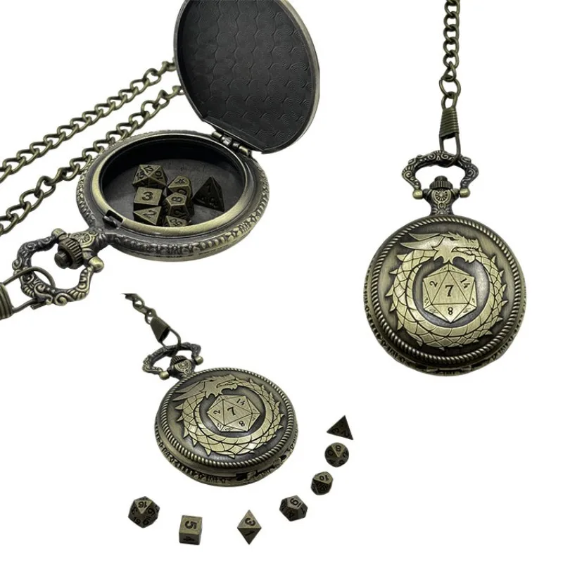 1set Mini DND Dice Set DND Pocket Watch Shell 7PCS Micro Polyhedral ...