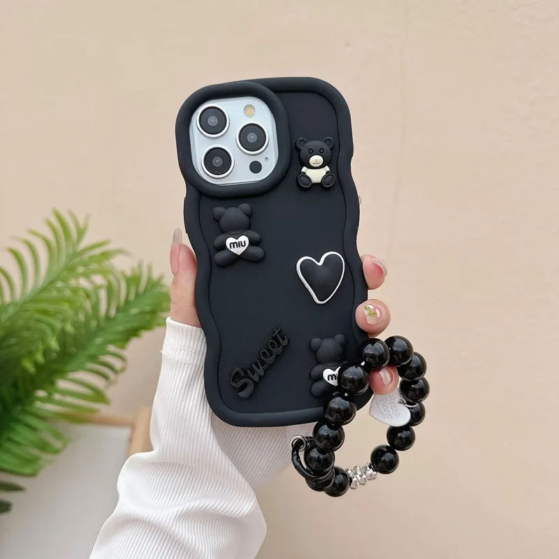 Adorable Bear Heart Wave Design Soft Phone Case for OPPO F25 Pro 5G (Black)