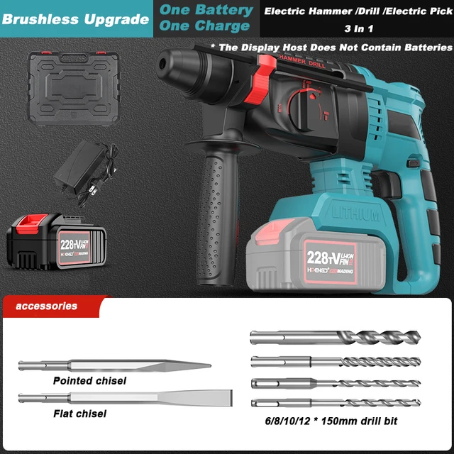 21V Brushless Wireless Lithium Electric Hammer Impact Drill Concrete ...