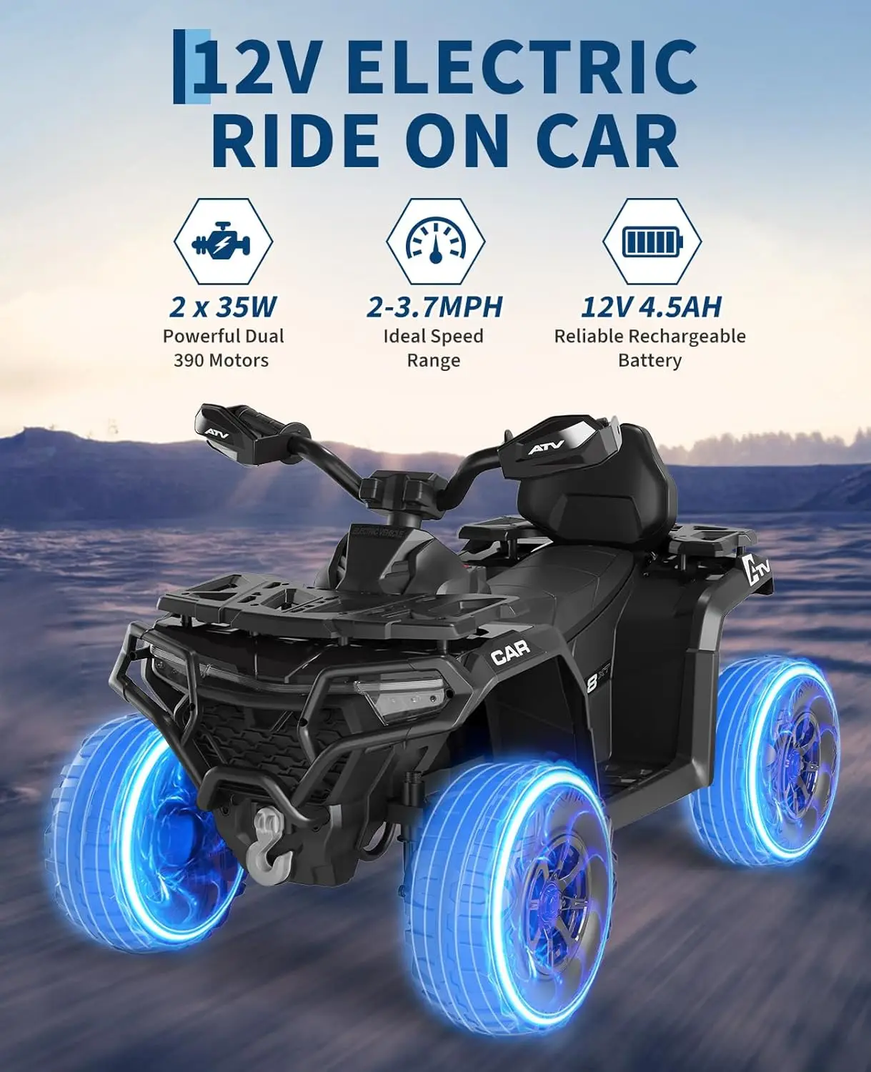 Kids Electric Quad 12V with Parent Remote Control/2 Engines/LED Lights ...