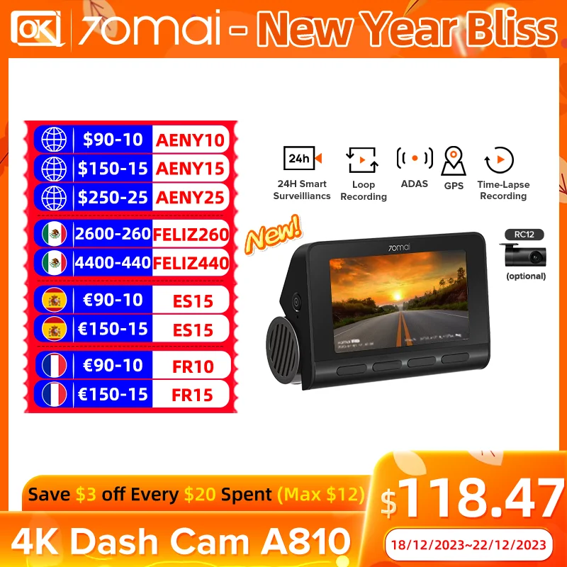 70mai-New-Dash-Cam-4K-A810-Built-in-GPS-150-FOV-AI-Motion-Detection-4K ...