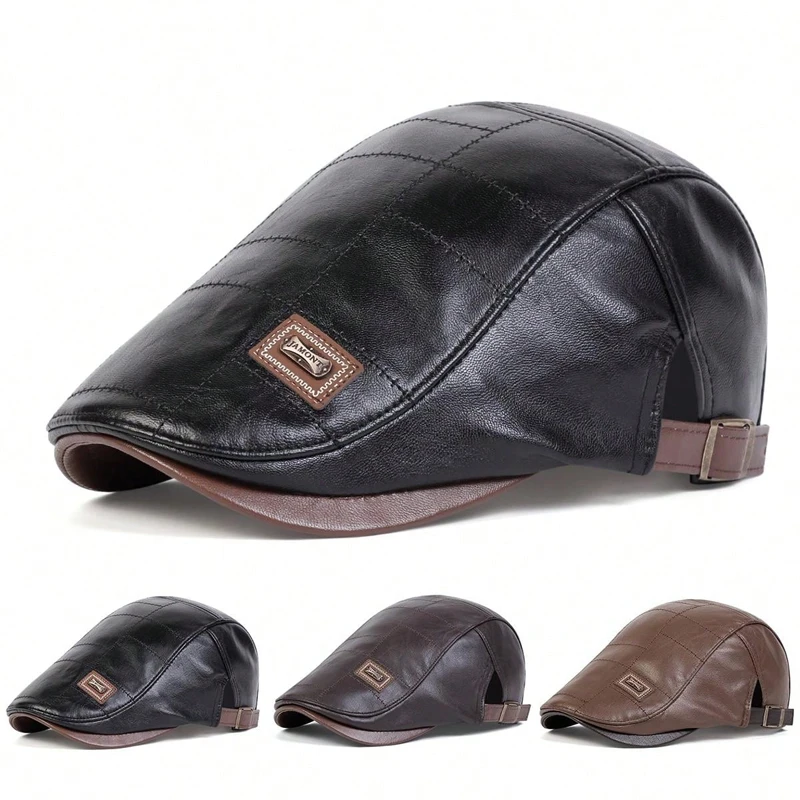 Men Retro Pu Leather Newsboy Caps JAMONT Labeling British Painters Hats ...