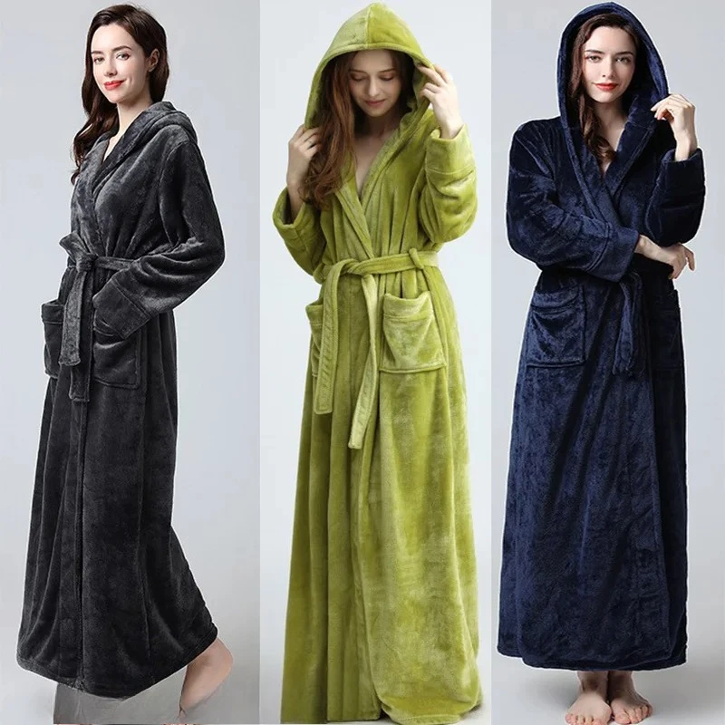 Extra Long Winter Coral Fleece Bathrobe Women Hooded Warm Kimono Bath ...
