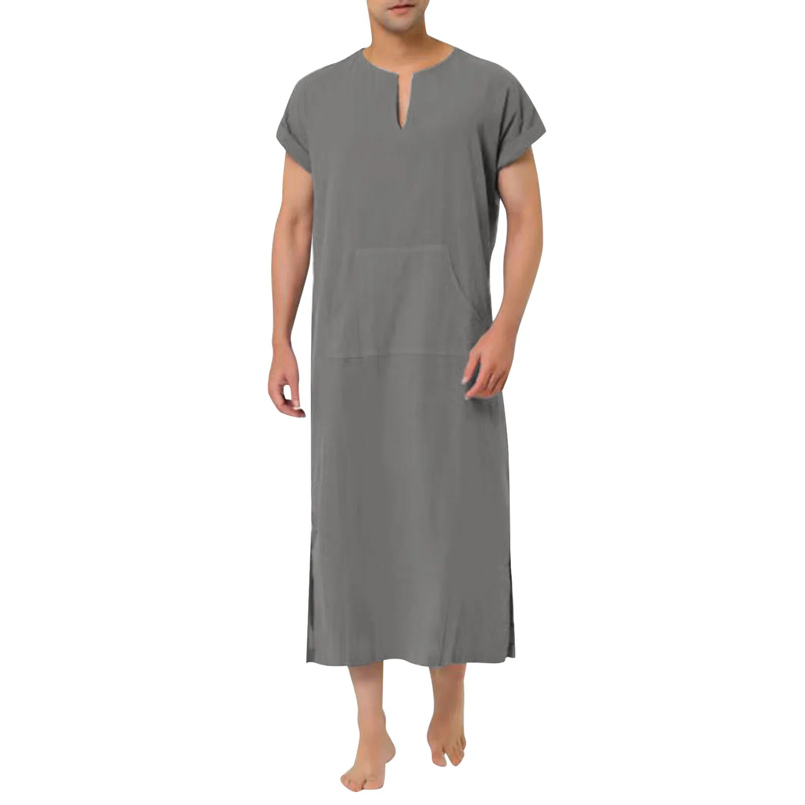 Men-s-Jubba-Thobe-Kaftan-Muslim-Arab-Islamic-V-neck-Short-Sleeve-Solid ...