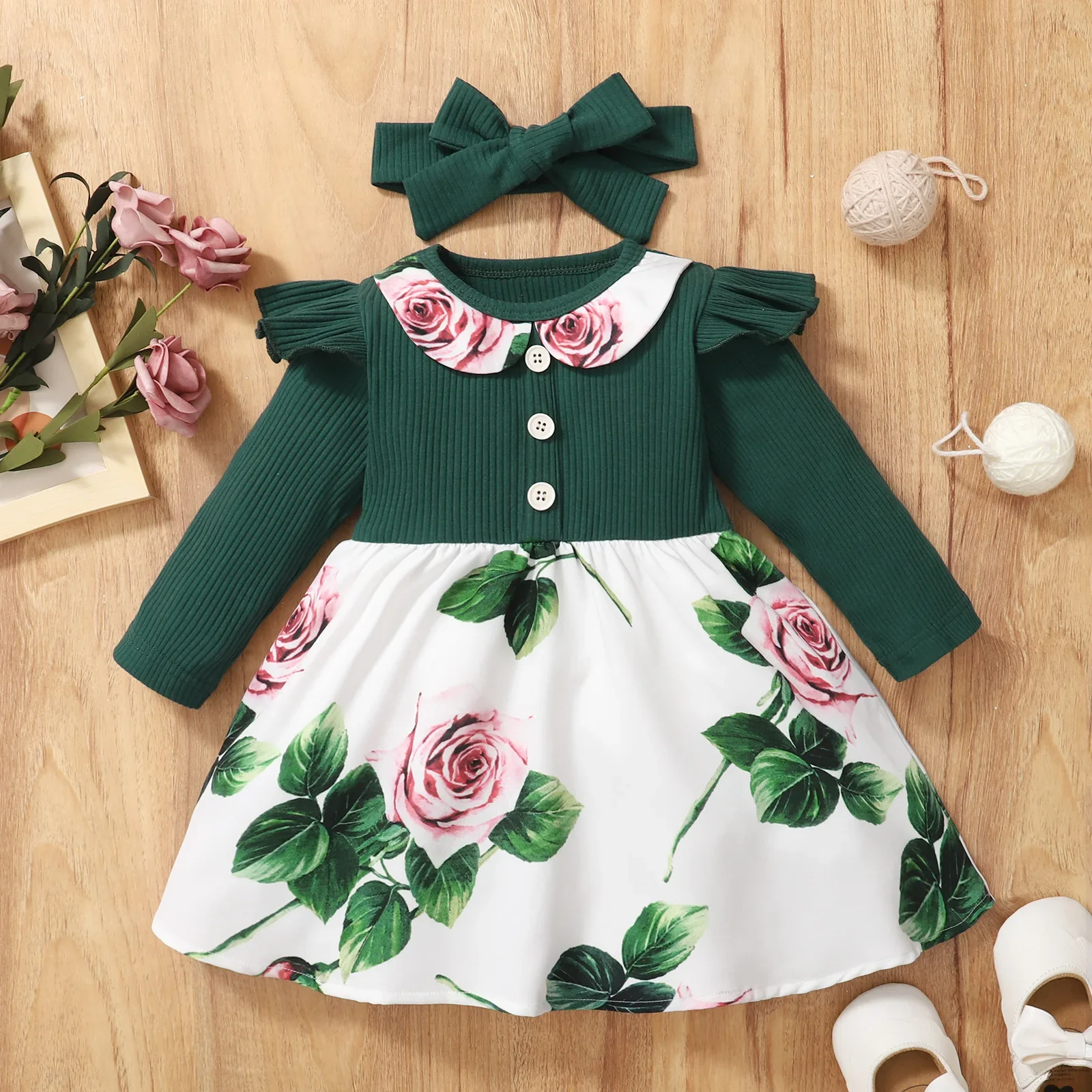 6M-4T-Toddler-Girl-Dresses-Long-Sleeve-Green-Floral-Print-Button ...
