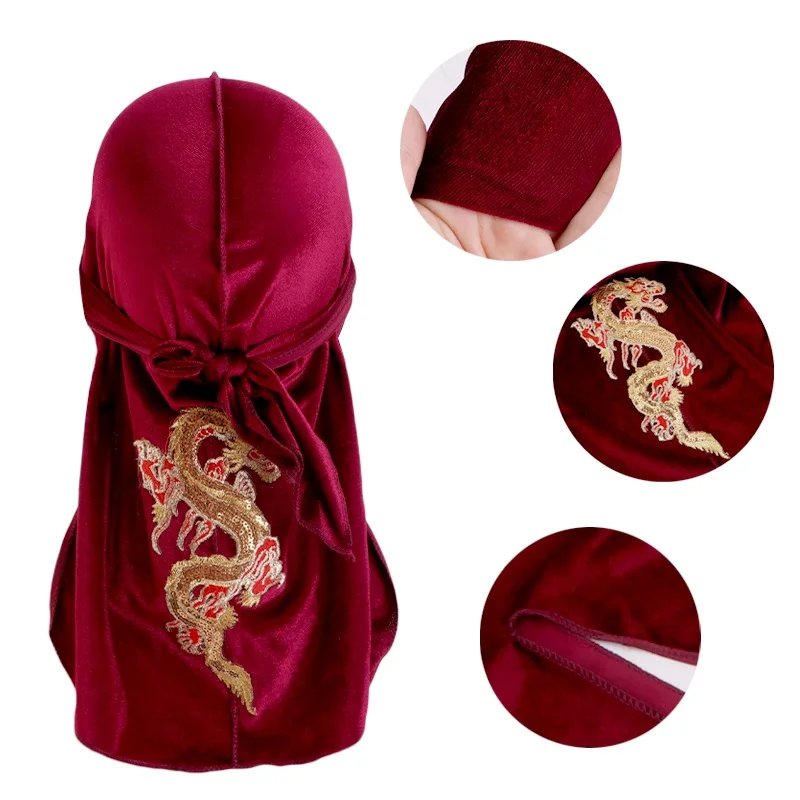 New Men's Dragon Pattern Velvet Durags Bandanas Headwear DuRag Turban ...