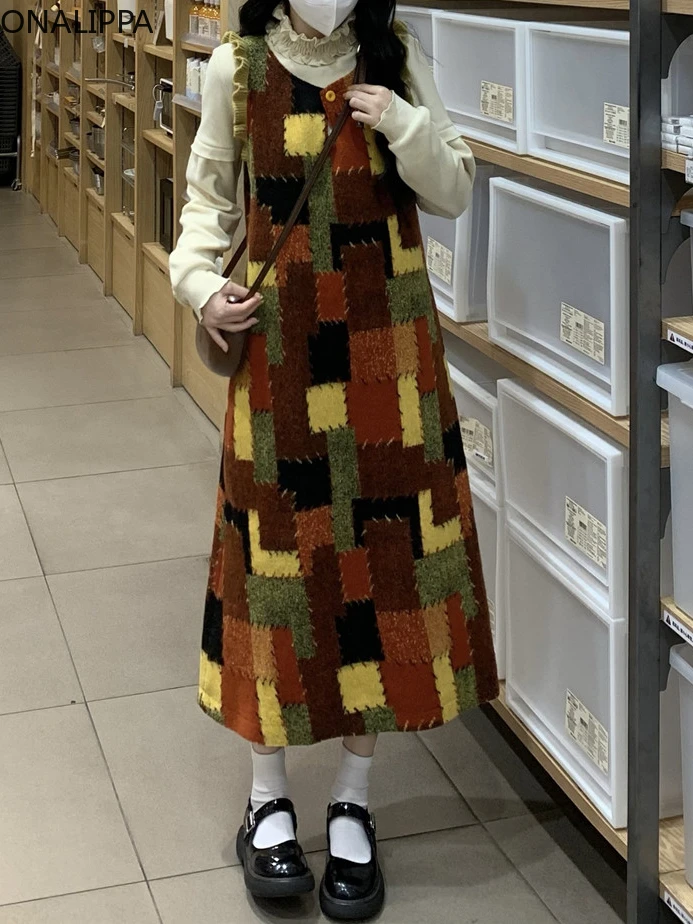 Onalippa-Contrast-Plaid-Wood-Ear-Hem-Vest-Dress-Sleeveless-High-Waist-A ...