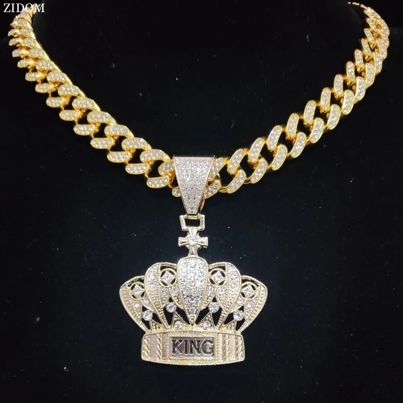 Men-Women-Hip-Hop-Crown-Pendant-Necklace-Cuban-Chain-Hiphop-Iced-Out ...