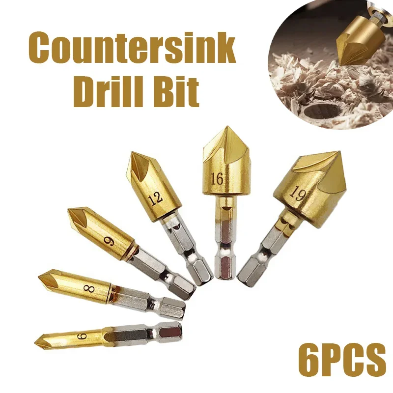 6pcs-6-19mm-5-Flute-Chamfering-Drill-Bit-Set-Hex-Shank-HSS-Countersink ...