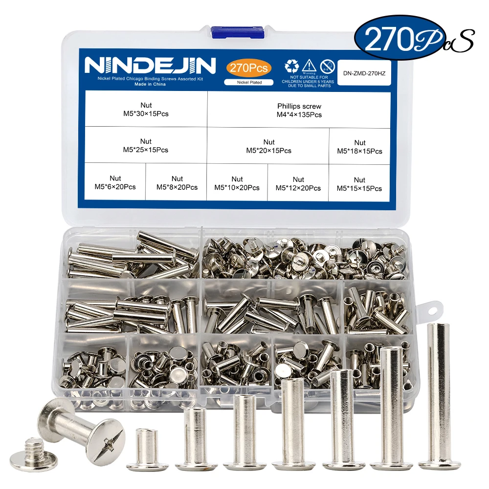 NINDEJIN-270pcs-set-Chicago-Binding-Screws-Assortment-Kit-Metal-Cross ...
