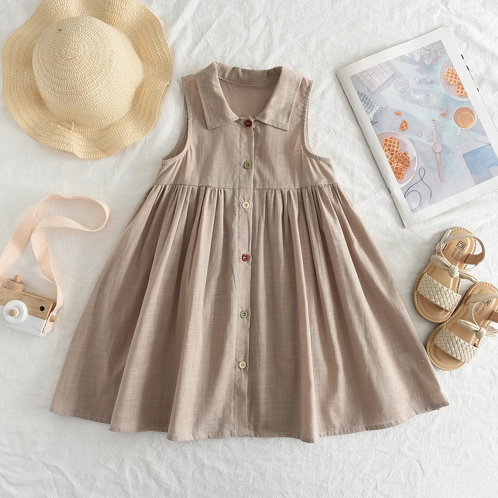 New Solid Baby Girl Dress Cotton Button Kids Dresses Summer Princess ...
