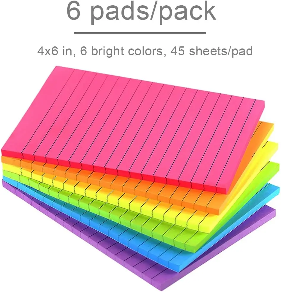 Lined Sticky Notes 4X6 in Bright Ruled Post Stickies Colorful Super ...