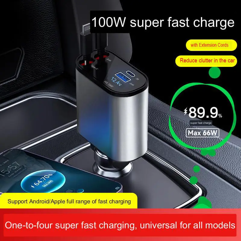 100W-4-IN-1-Retractable-Car-Charger-USB-Type-C-Cable-For-IPhone-Samsung ...