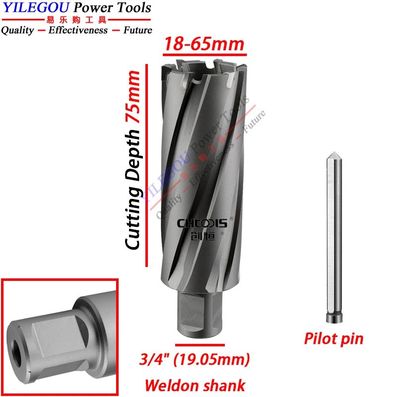 75mm Carbide Annular Cutter (3/4" Weldon Shank). 12-65mm TCT Drill Bit ...