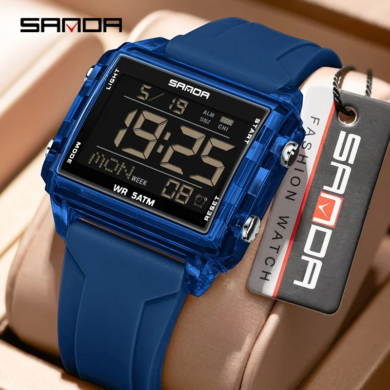 SANDA New Men Women Electron Watch Fashion Square Dial Count Down Timer ...