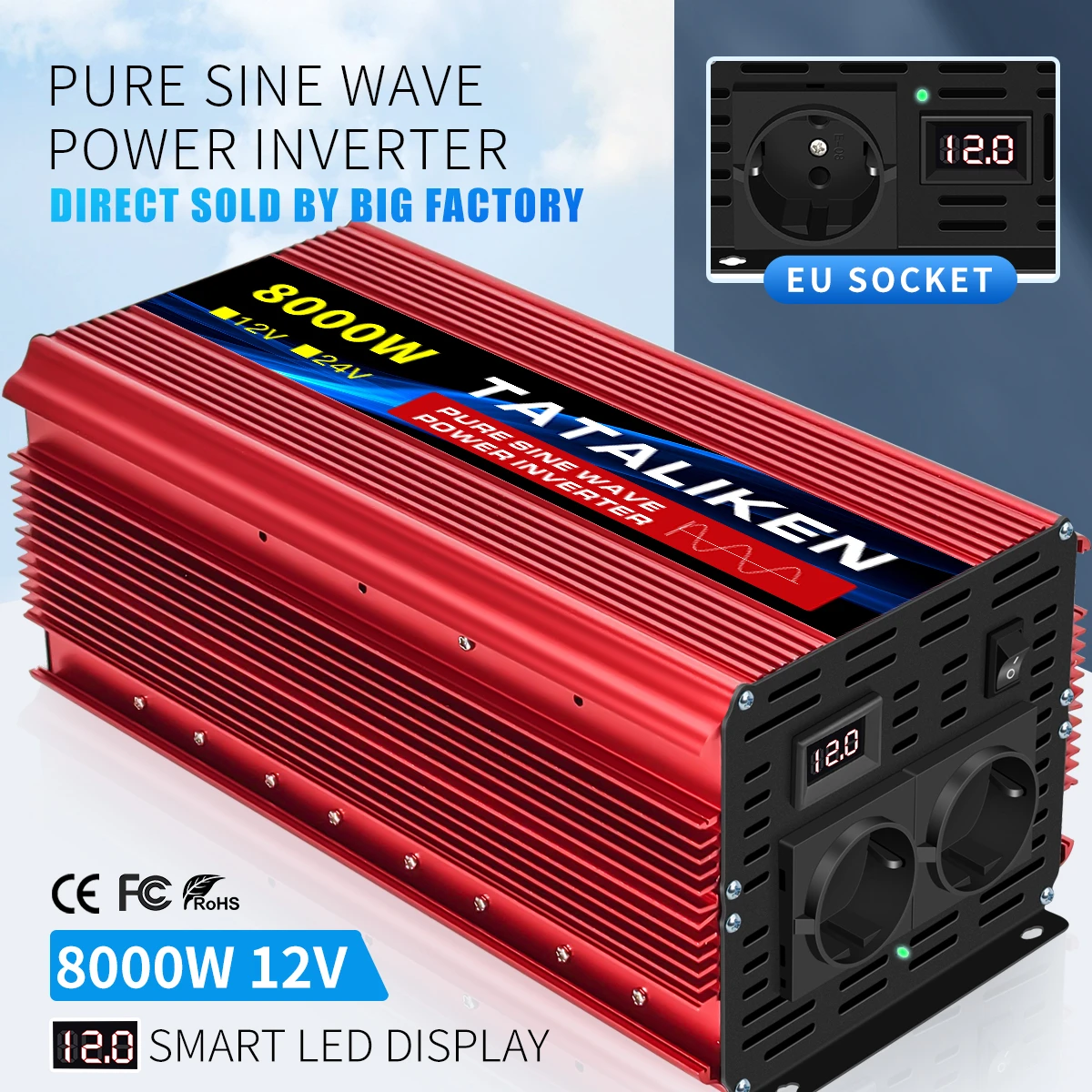 TATALIKEN Pure Sine Wave Inverter DC 12V/24V to AC 220V EU socket 1600W/2500W/3500W/4500W LED ...