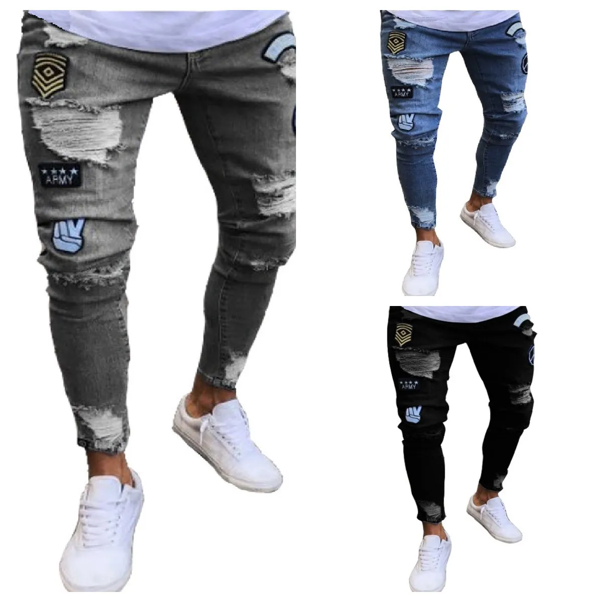 Mens-Stretchy-Ripped-Skinny-Embroidered-Jeans-Men-s-White-Pants ...