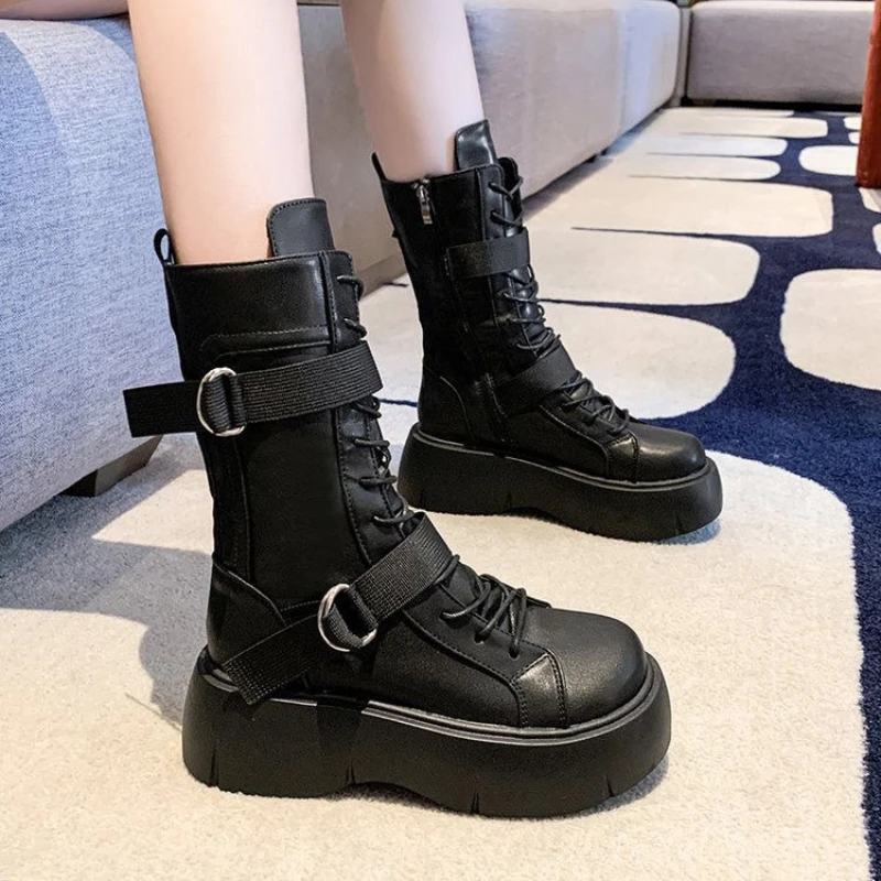Black Platform Round Toe Leather Women's Half High Boots Spring Autumn ...