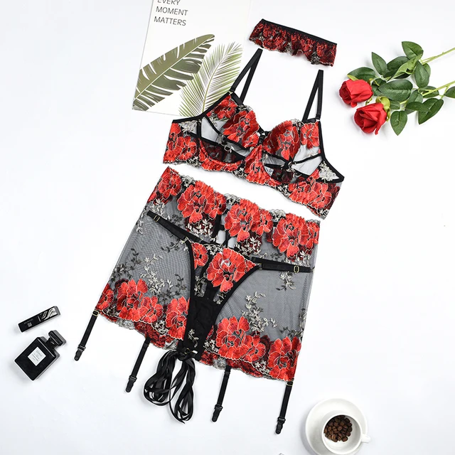 MUZISKAT New Floral Embroidery Sexy Straps Short Skirt Underwear Erotic Four-piece Set