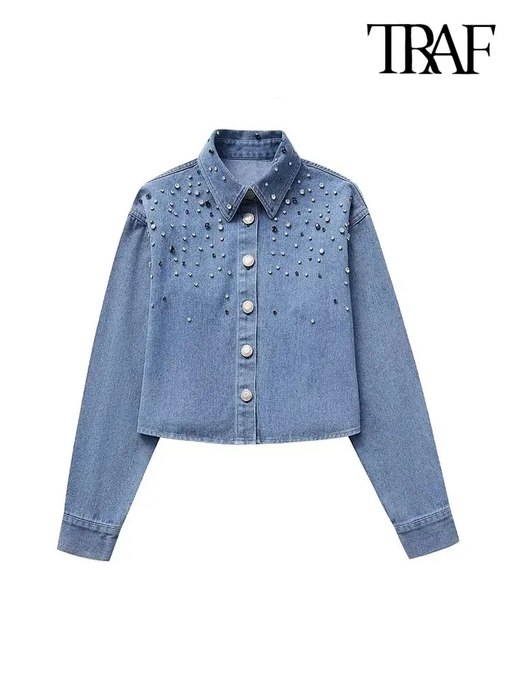 TRAF-Women-Fashion-Denim-Cropped-Rhinestone-Shirts-Vintage-Long-Sleeve ...