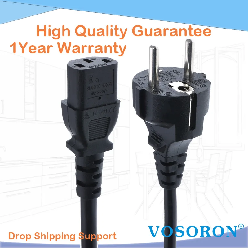CEE7/7 European Straight Schuko to IEC C13 Power Cords, 10A/16A, 250V ...