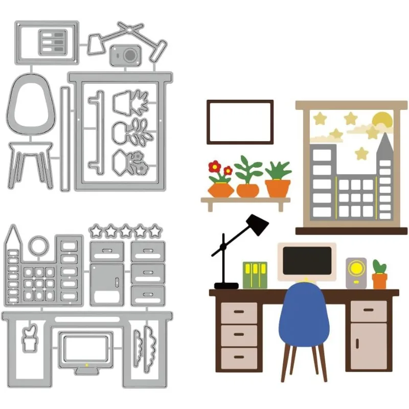 2pcs Office Scene Cutting Dies Desk Window Chair Embossing Stencils Die ...