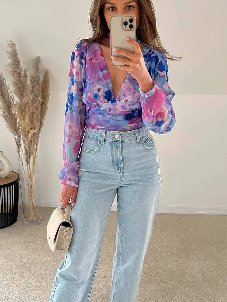 Mulheres 2023 Nova Moda Flor impressão dobra Blusa Vintage V Neck Manga ...