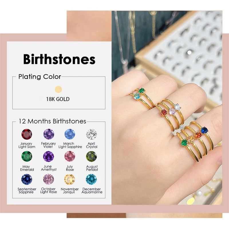 Stainless Steel Birthstone Rings for Women 18K Gold Plated Simple Style ...