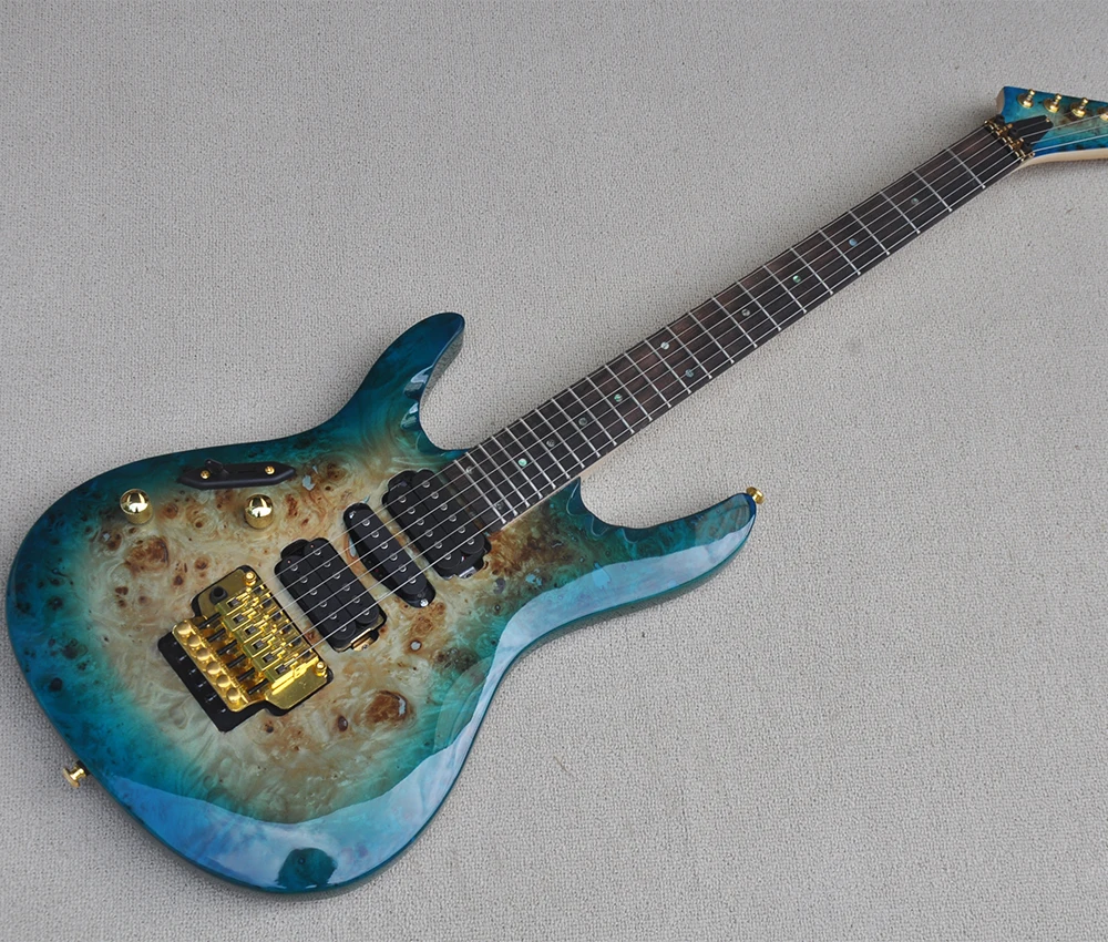 Guitarra elétrica azul com Treomolo Bar, mão esquerda, 6 cordas, Burl Maple folheado, Abalone ...