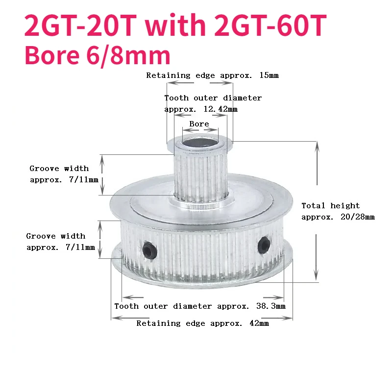 1pcs 2GT Timing Pulley Bore 6/8mm Double Side Gear GT2 20T-60T 1:3 ...