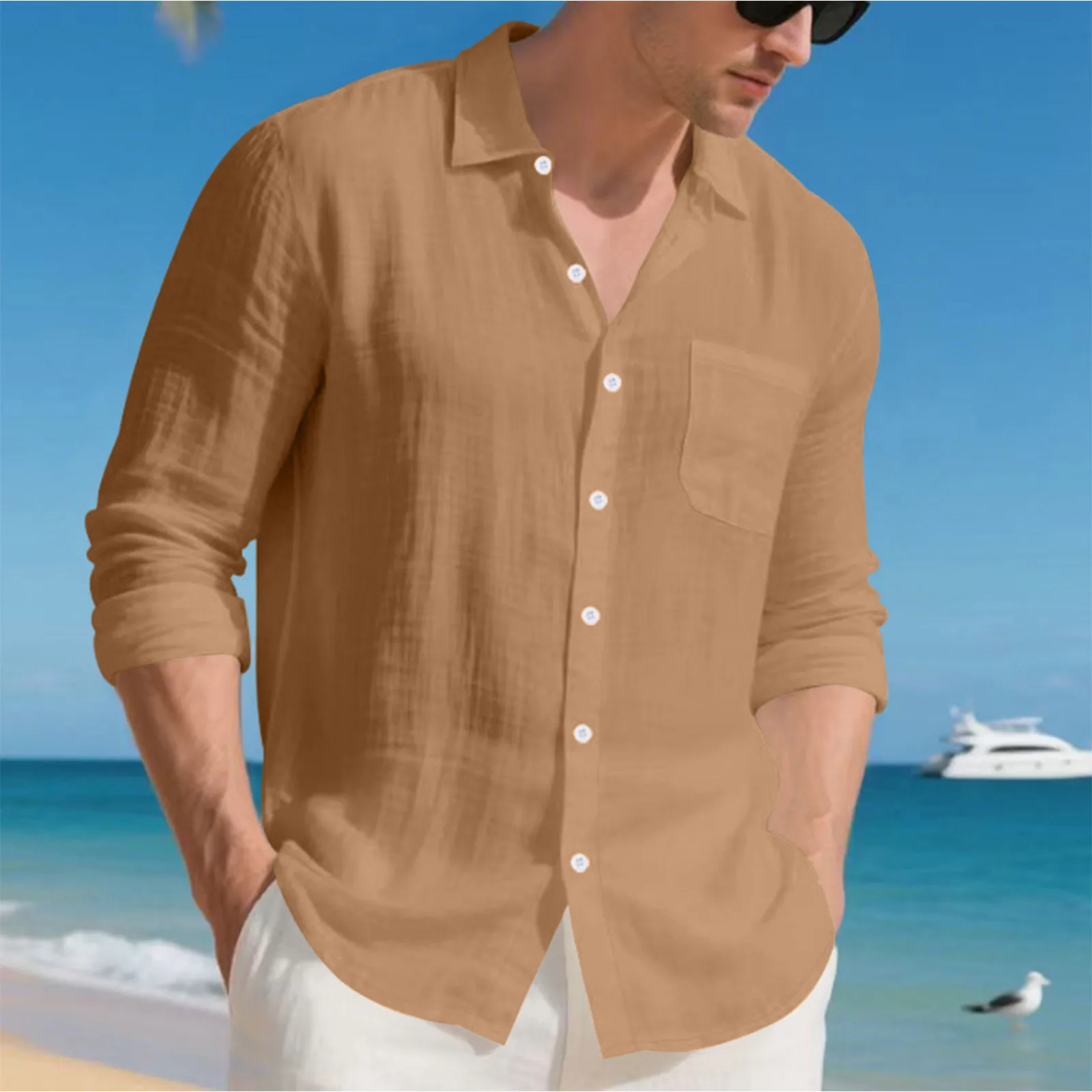 Men's Casual Linen Shirt Solid Color Loose-fit Long-Sleeved Collared ...