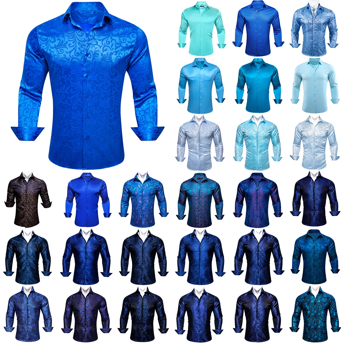 Luxury-Blue-Shirts-for-Men-Solid-Satin-Embroidered-Paisley-Flower-Long ...
