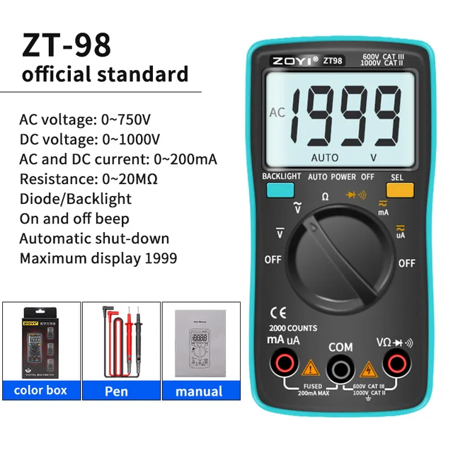 ZOYI Digital Multimeter Ammeter Voltmeter Resistance Frequency ...