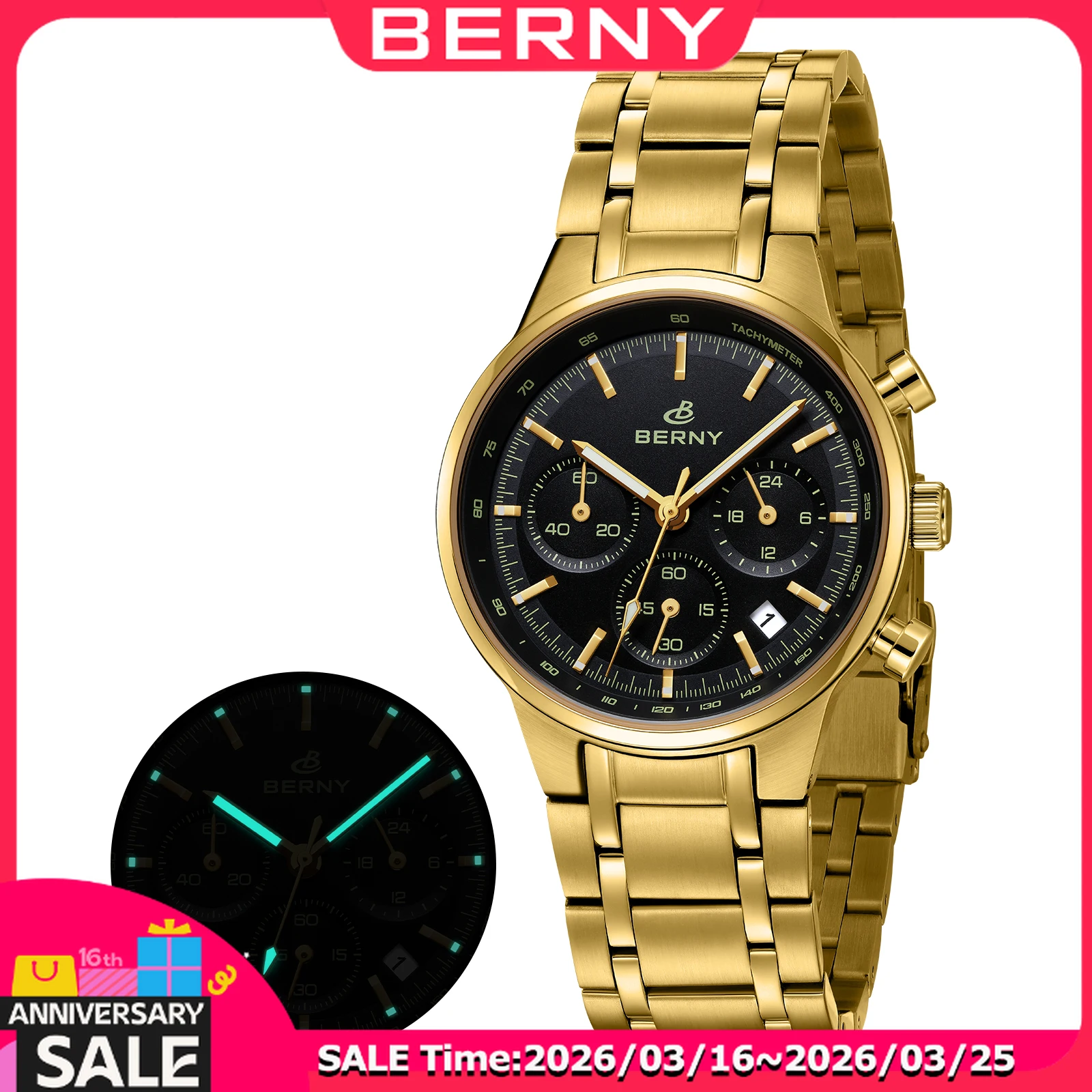 Reloj BERNY con cronógrafo dorado superior para hombre, esfera de Panda ...