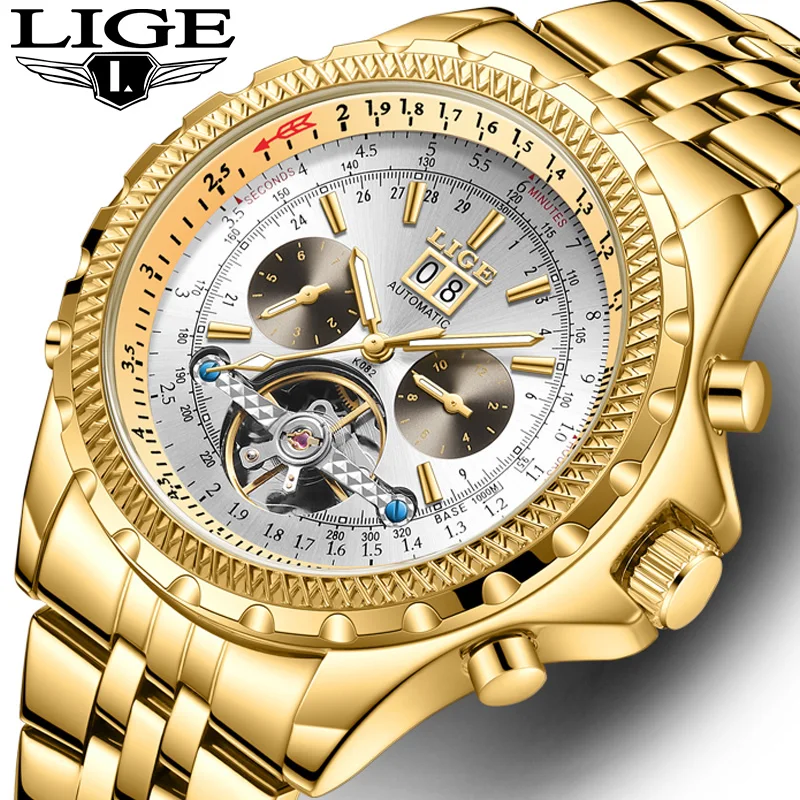 LIGE-Luxury-Gold-Mens-Watches-Hollow-Tourbillon-Mechanical-Watch ...