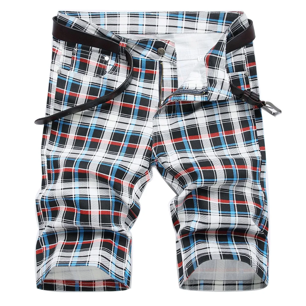 Men Plaid Digital Print Shorts Summer Check Tartan Stretch Denim ...